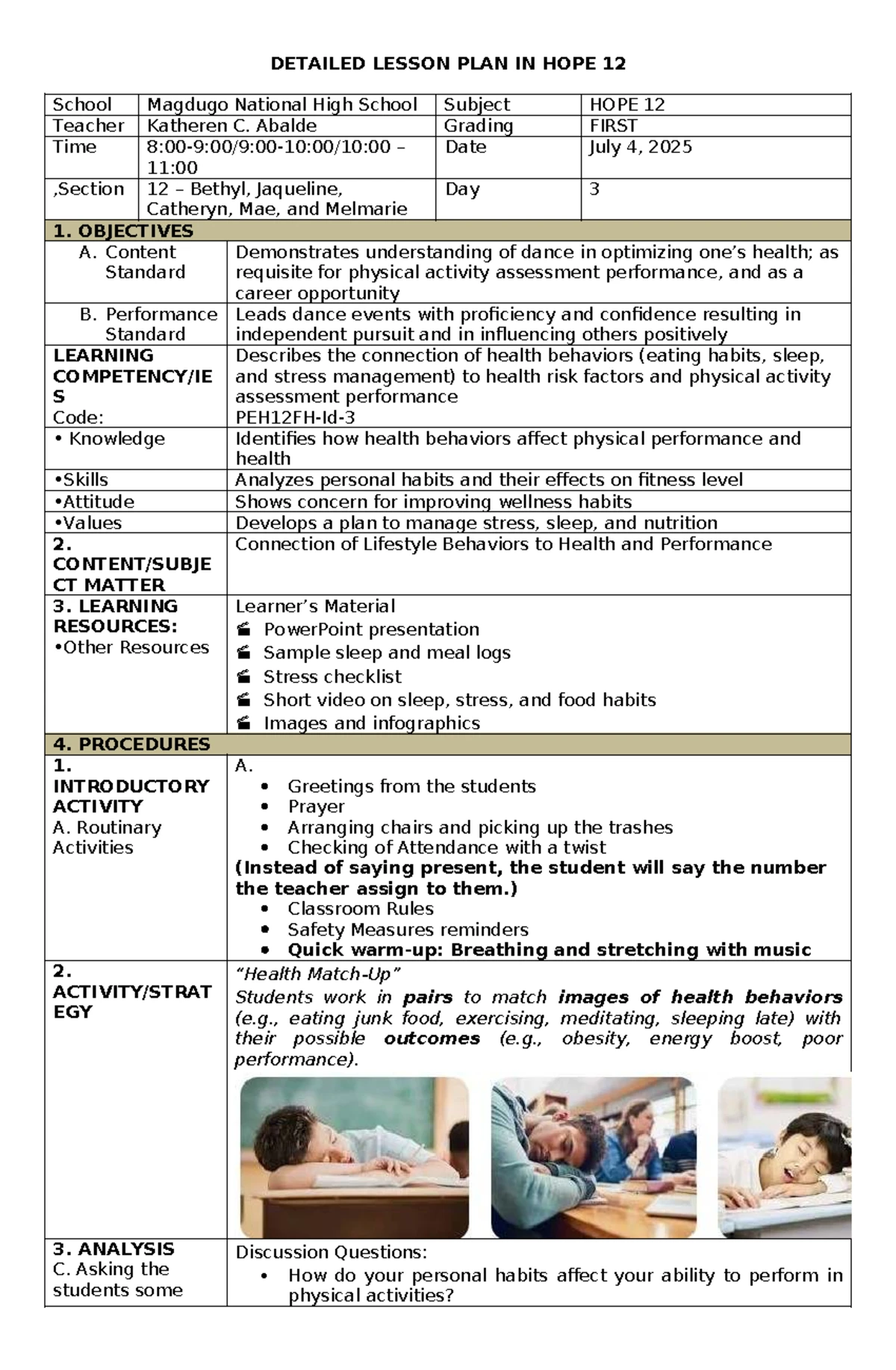 DETAILED LESSON PLAN FOR HOPE 12: EATING BEHAVIORS & HEALTH - Studocu