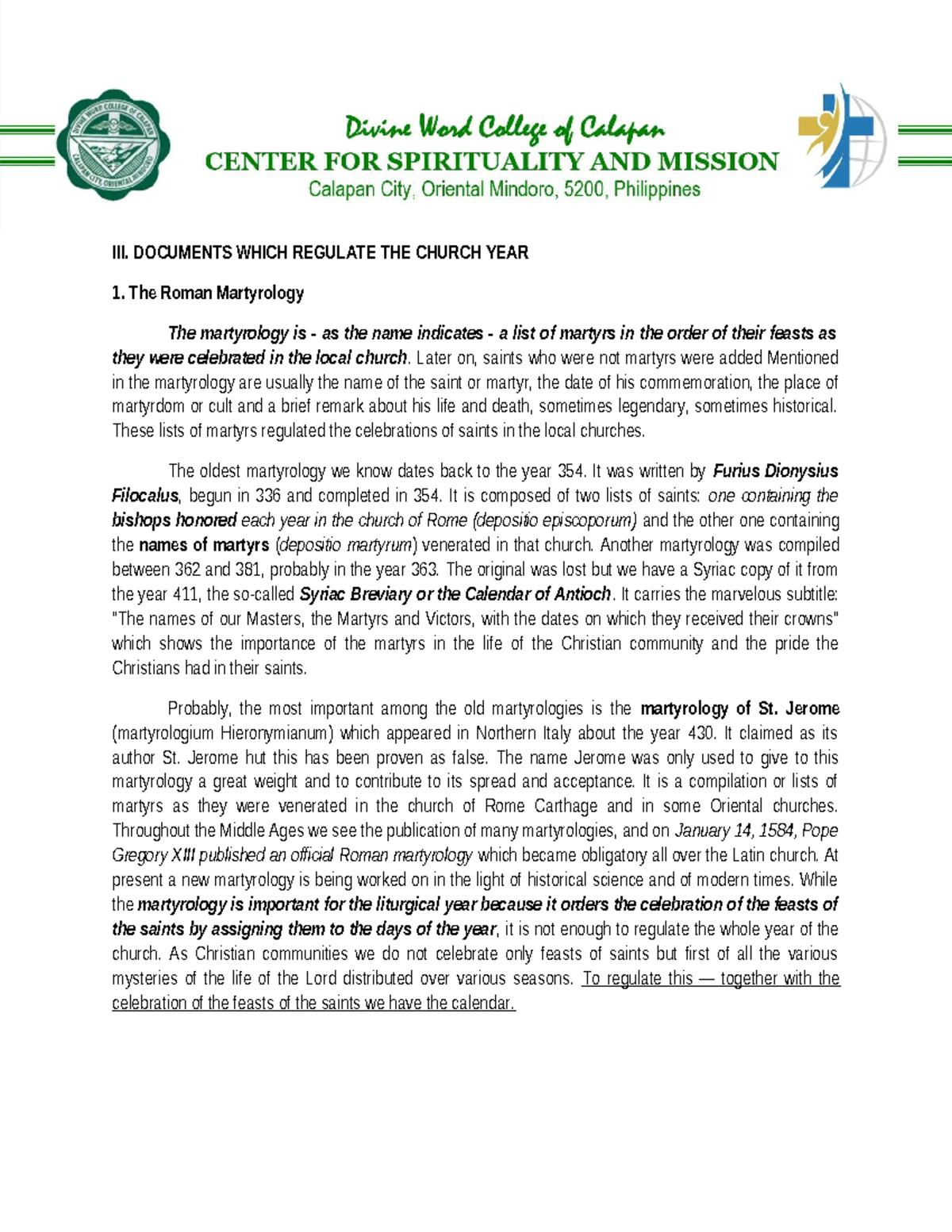 CD-Module 3 Q1: Understanding the Church Year and Liturgical Calendar ...