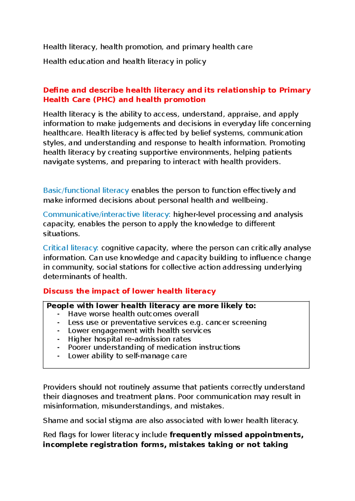 Health Literacy & Promotion in Primary Health Care: Key Insights - Studocu