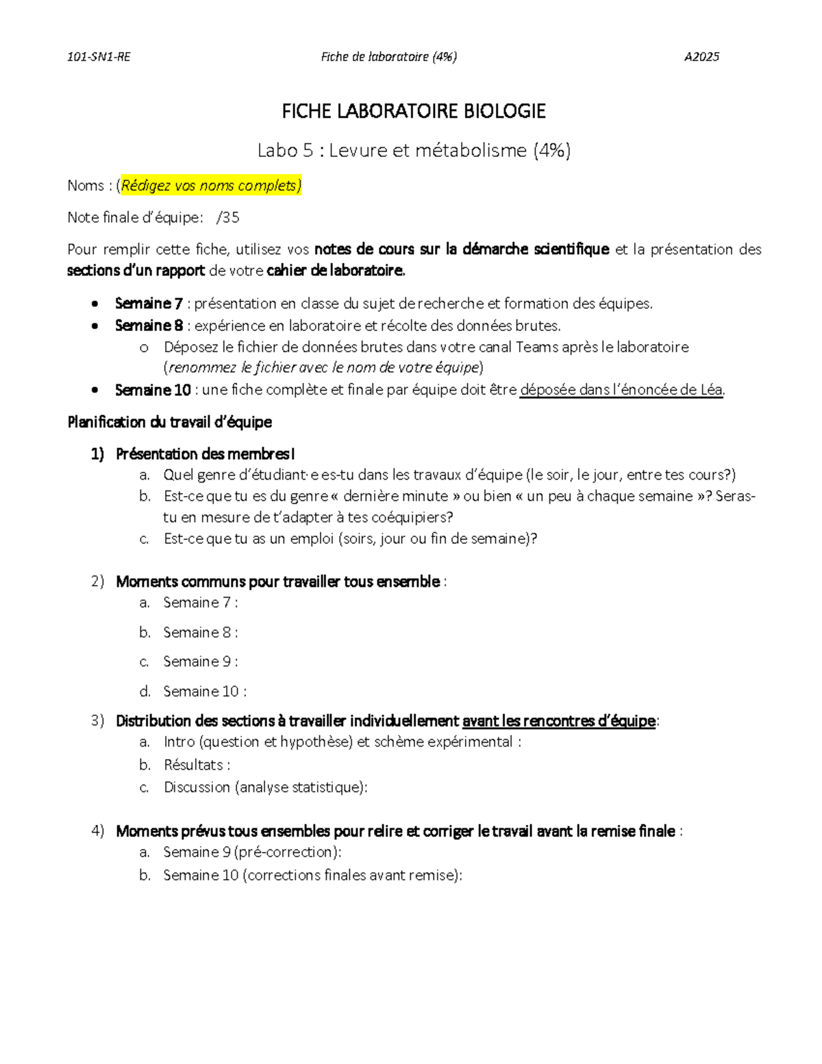 Fiche de Laboratoire A2025 : Labo 5 sur Levure et Métabolisme - Studocu