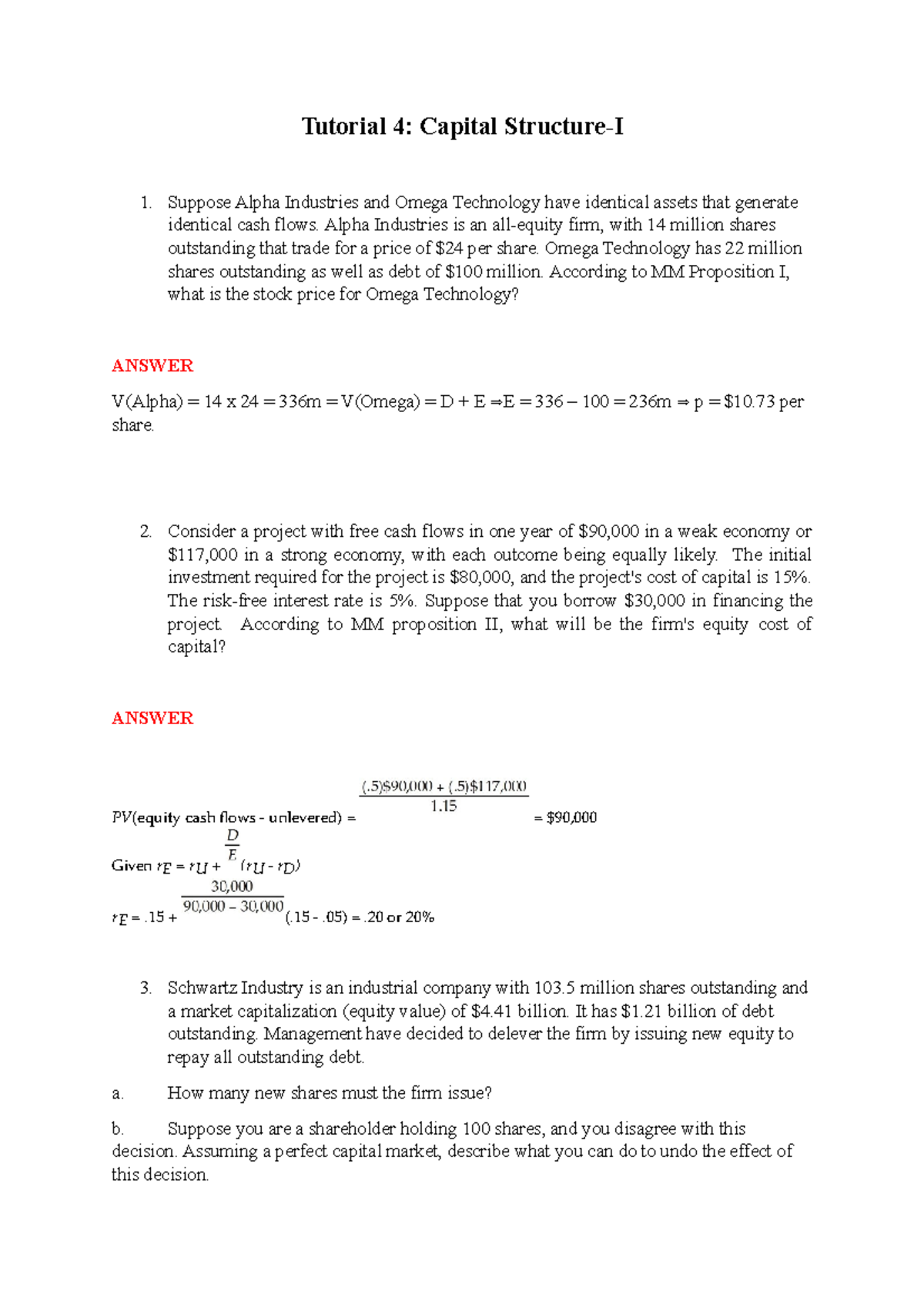 Tutorial 4 CS-1 S1 2020 Sol - Tutorial 4: Capital Structure-I Suppose ...