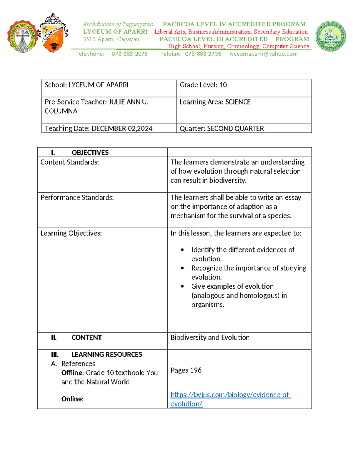 Biodiversity and Evolution Lesson Plan for G10 Science Class - Studocu