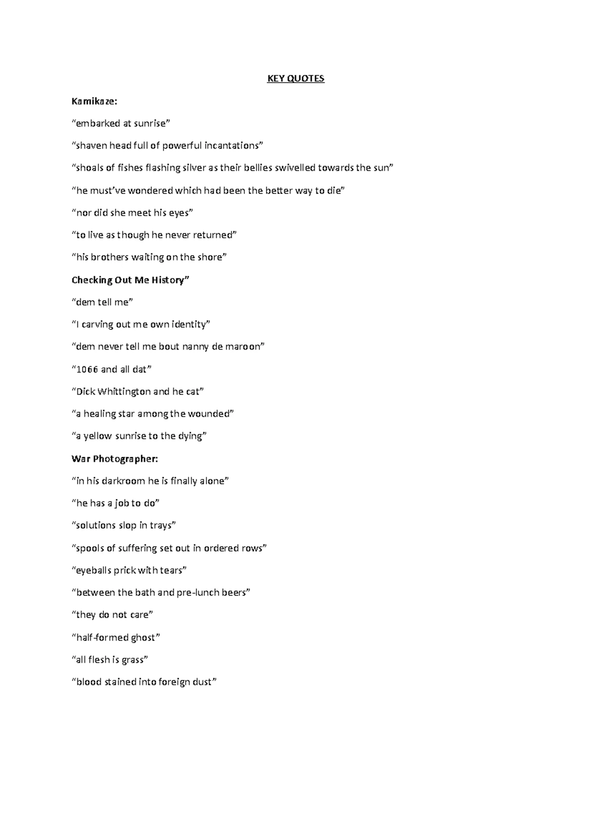 Poetry - AQA - key quotes - KEY QUOTES Kamikaze: “embarked at sunrise ...