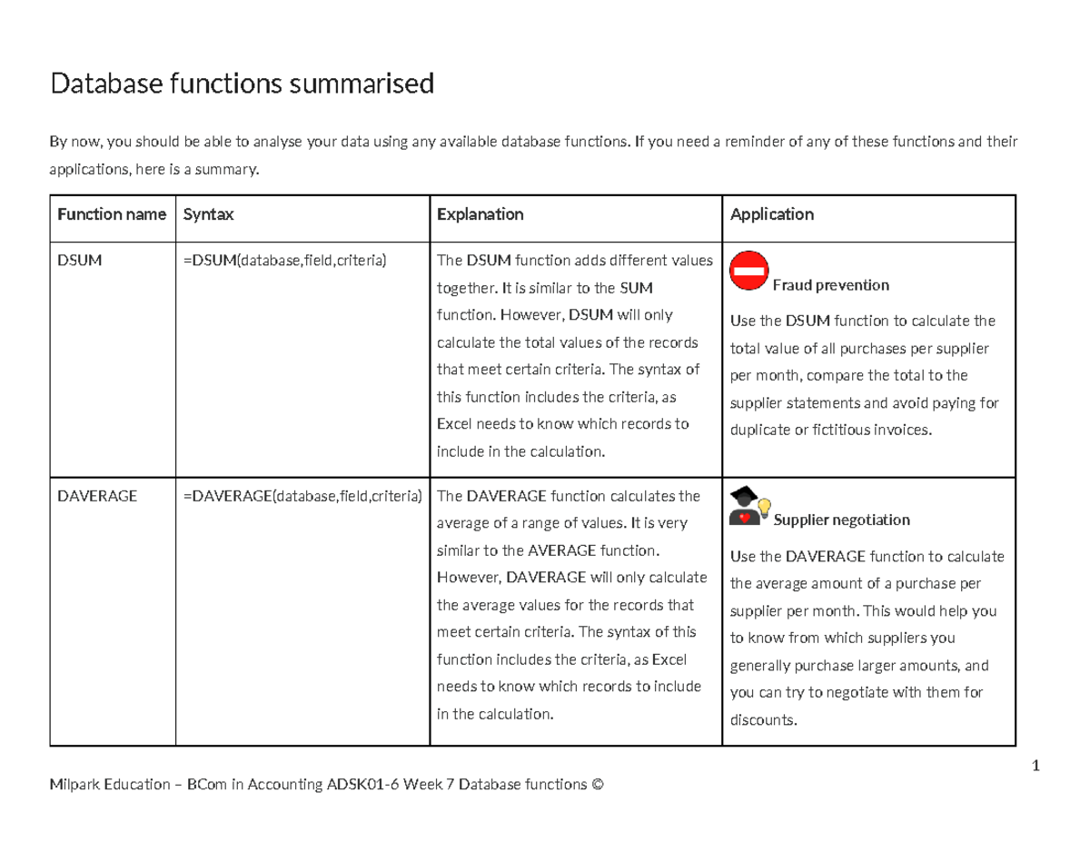 ADSK01 Week 7 Summary of Database Functions and Applications - Studocu