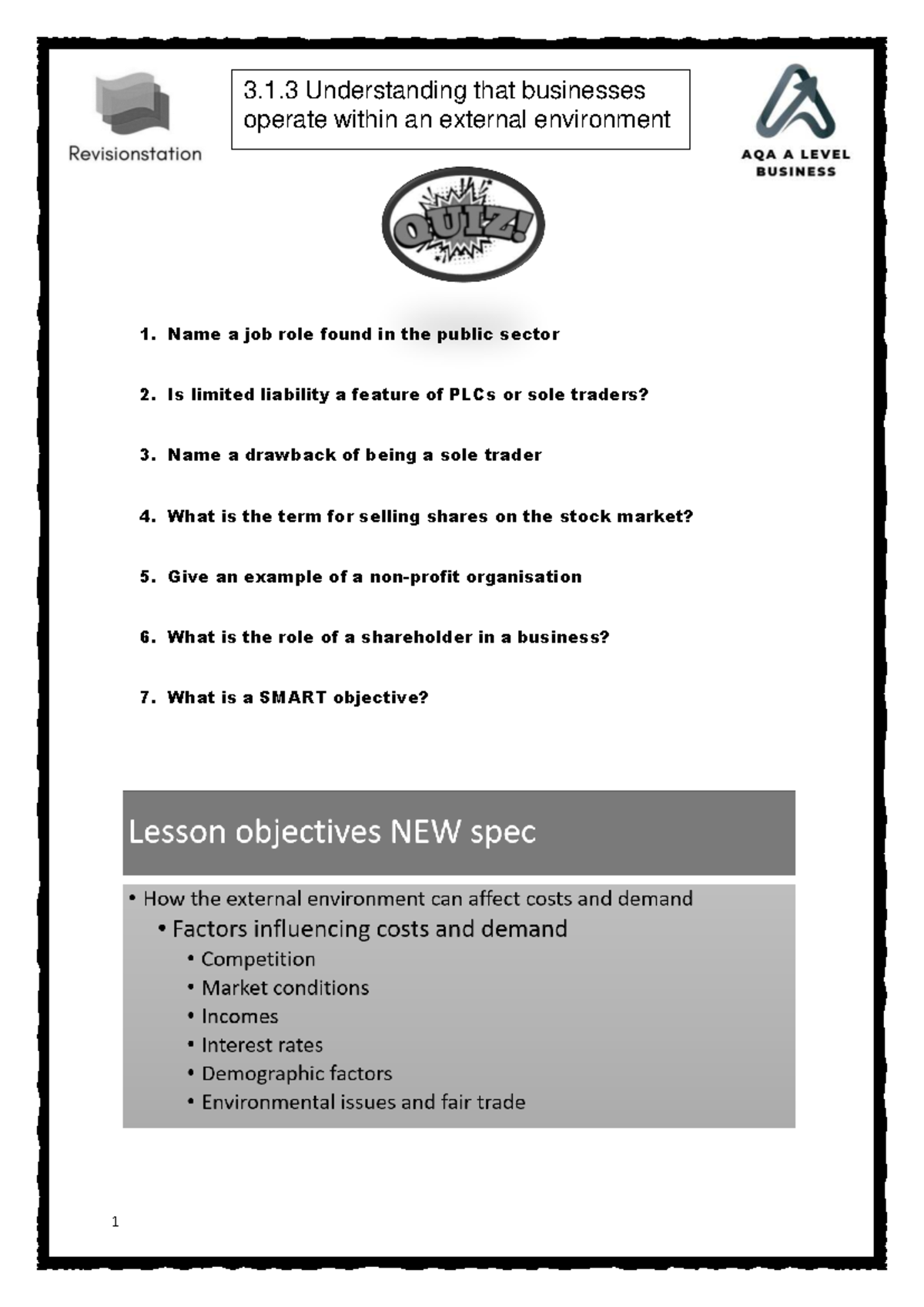3.1.3 External Environment Factors Impacting UK Businesses - Worksheet ...