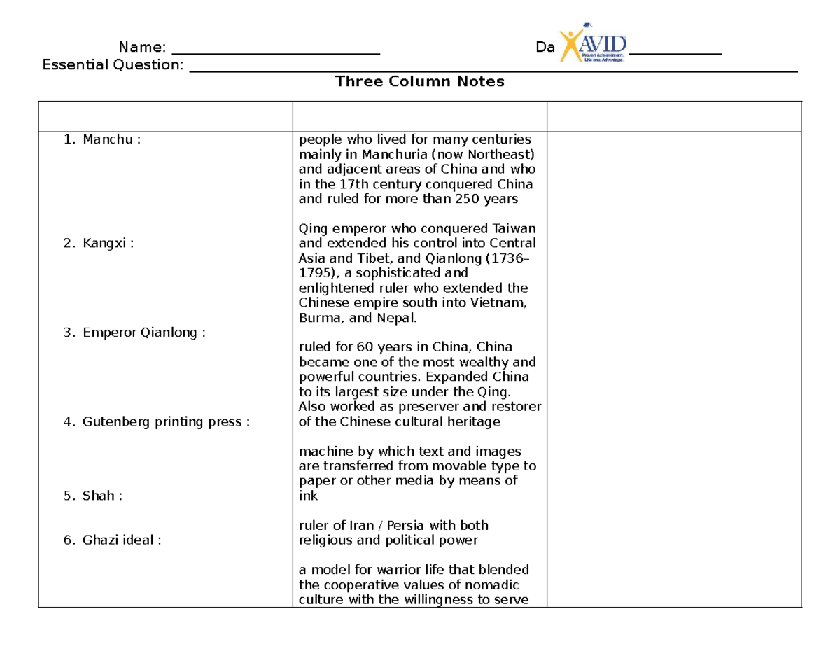 Unit 3 Vocab: 3-Column Notes on Key Historical Figures and Events - Studocu