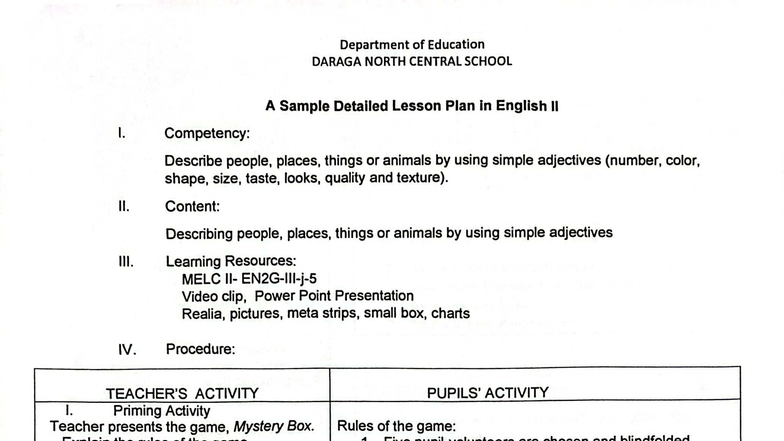 Sample Detailed Lesson Plan in English II: Describing with Adjectives ...