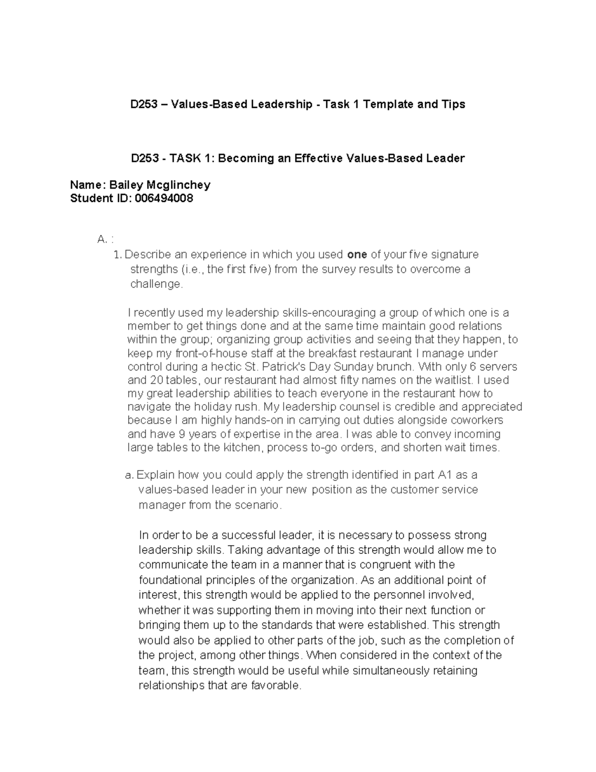 D253 Task 1 - Value-Based Leadership: Effective Strategies and Insights ...