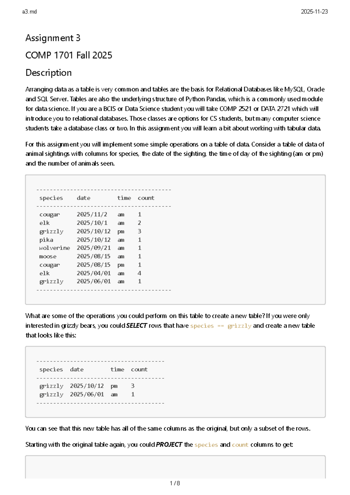 Assignment 3: Working with Tabular Data in COMP 1701 - Studocu