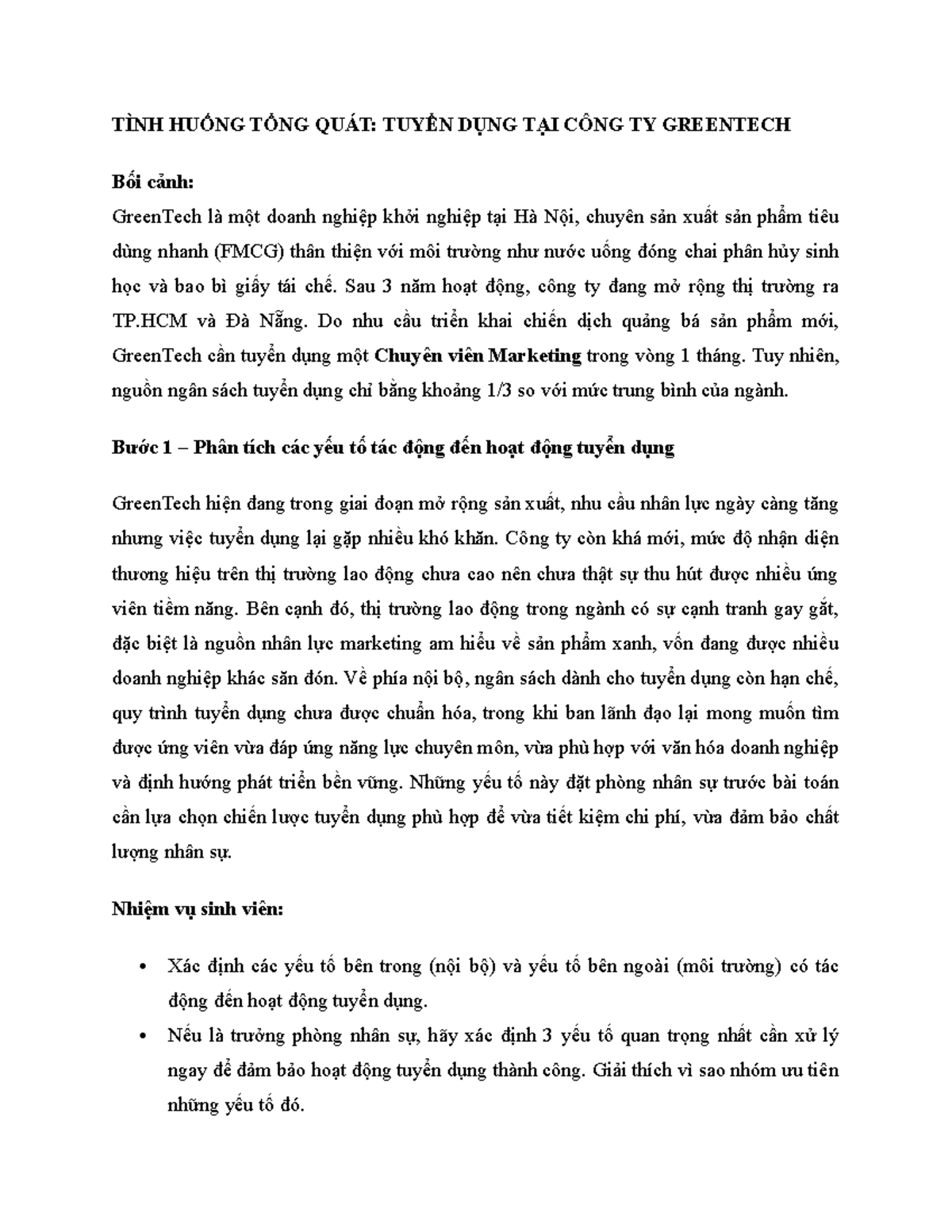 TÌNH HUỐNG TUYỂN DỤNG TẠI CÔNG TY GREENTECH - CHƯƠNG 4 - Studocu
