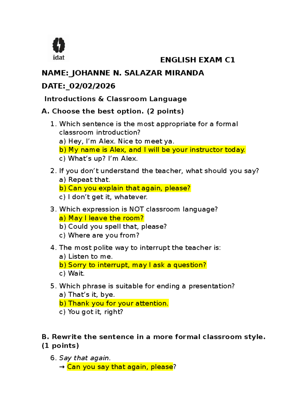 English Exam C1 2026 - Classroom Language & Vocabulary - Studocu