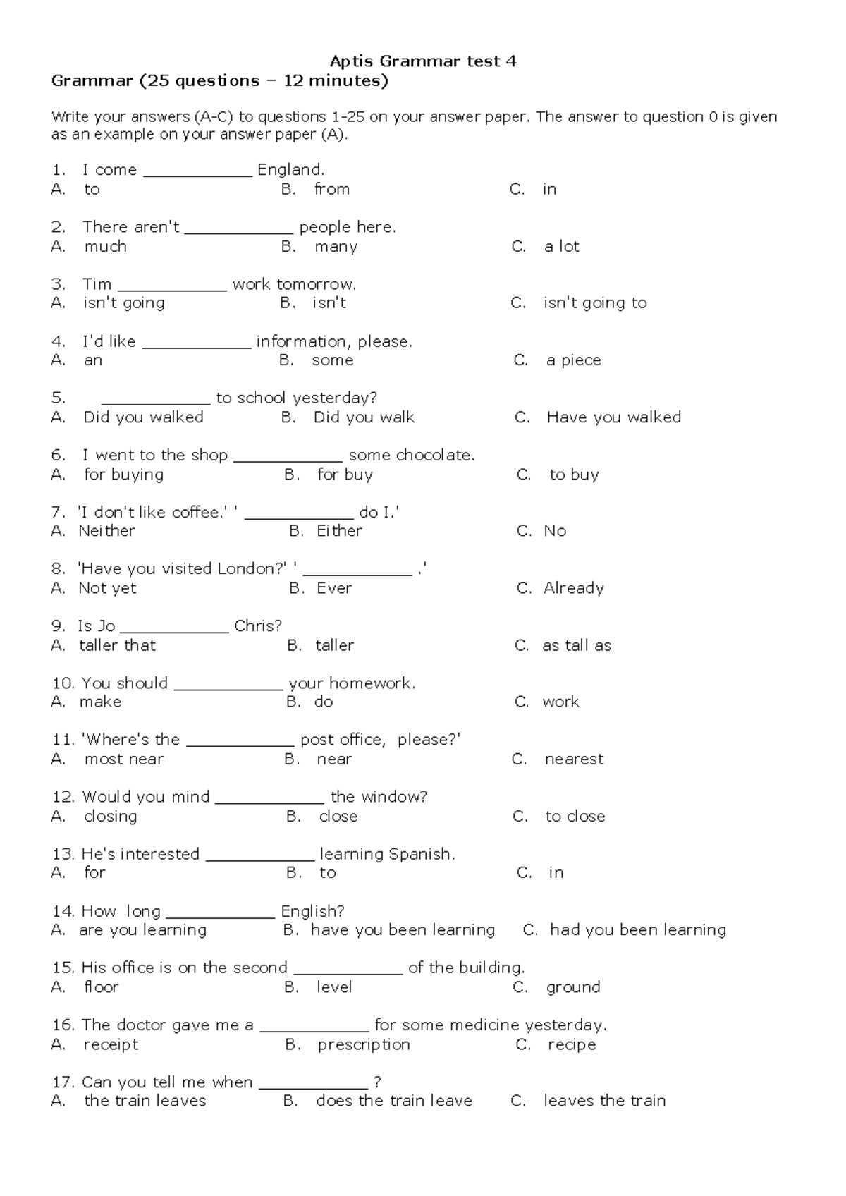 Aptis Grammar Test 4: 25 Questions on Grammar and Vocabulary - Studocu
