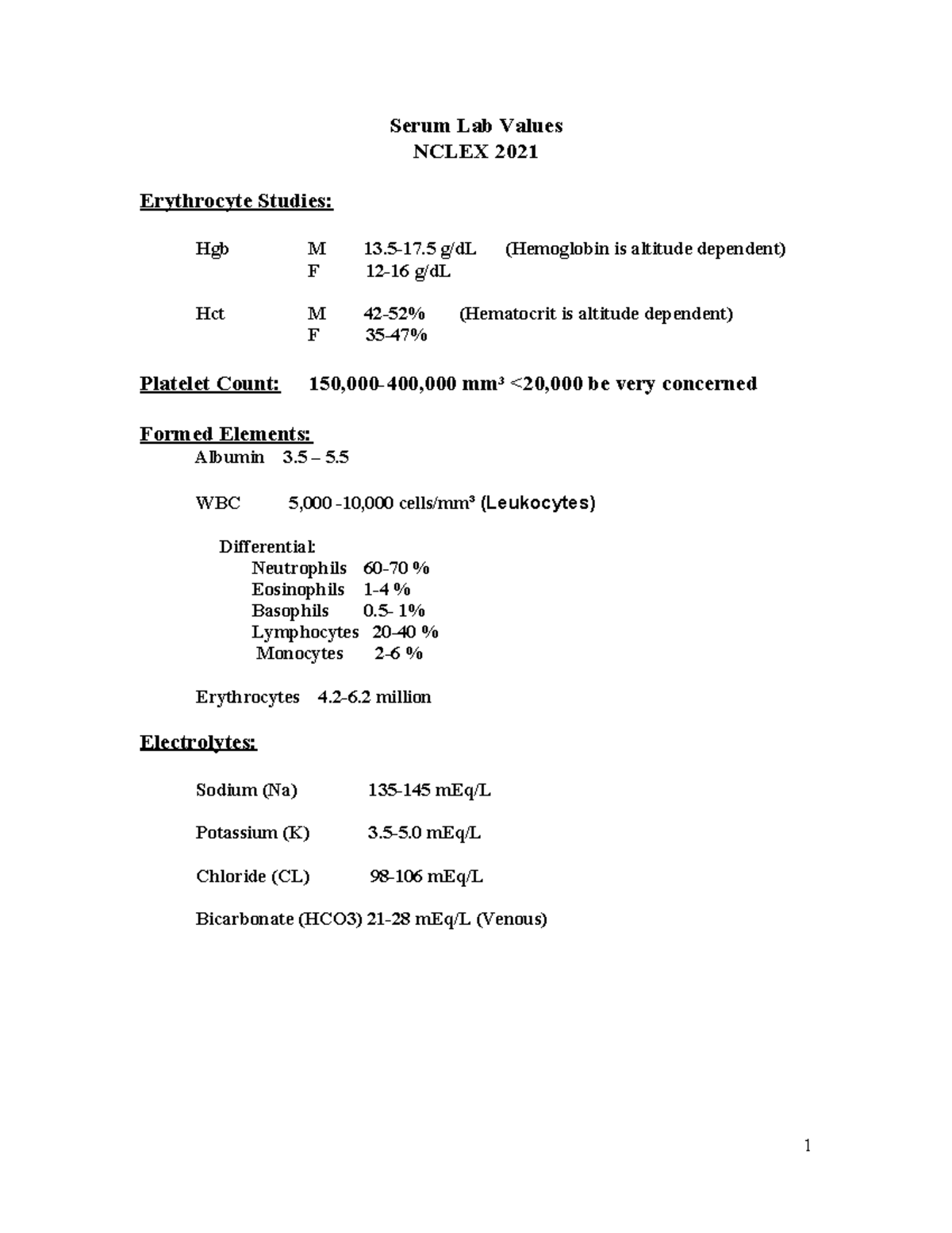 Serum Lab Values NCLEX 2021: Erythrocyte & Electrolyte Studies - Studocu
