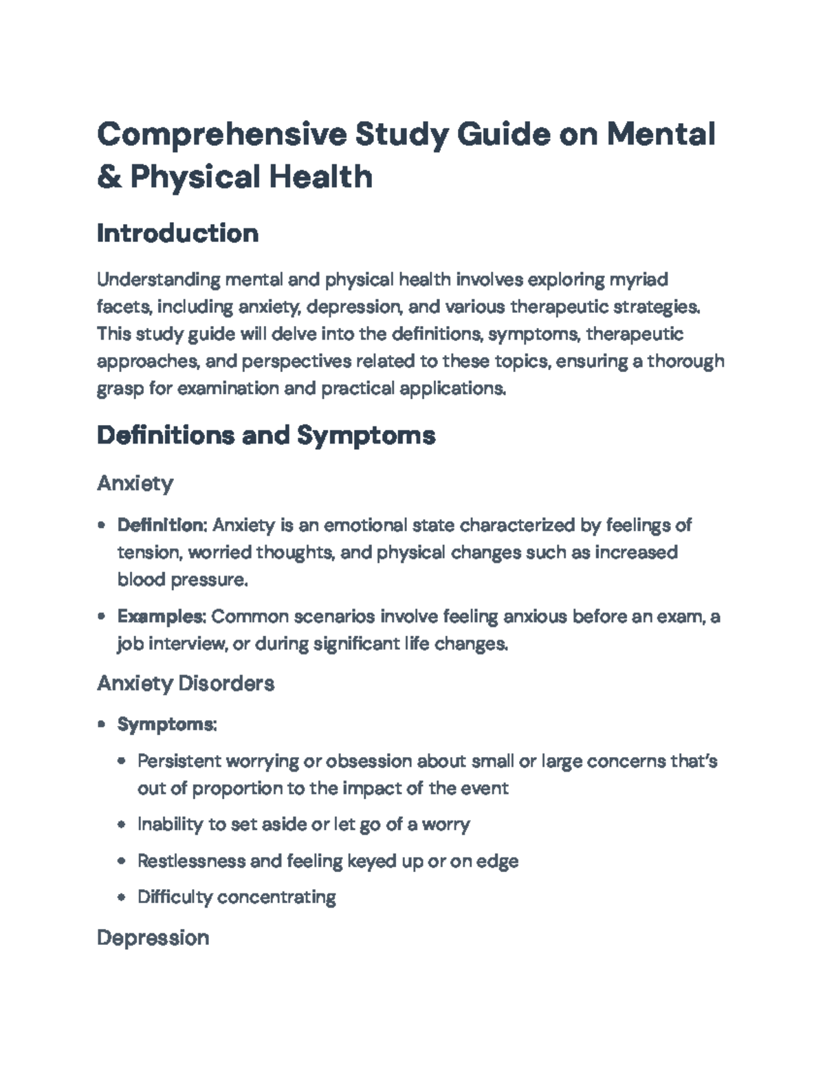 Comprehensive Study Guide for Exam #6: Mental & Physical Health ...