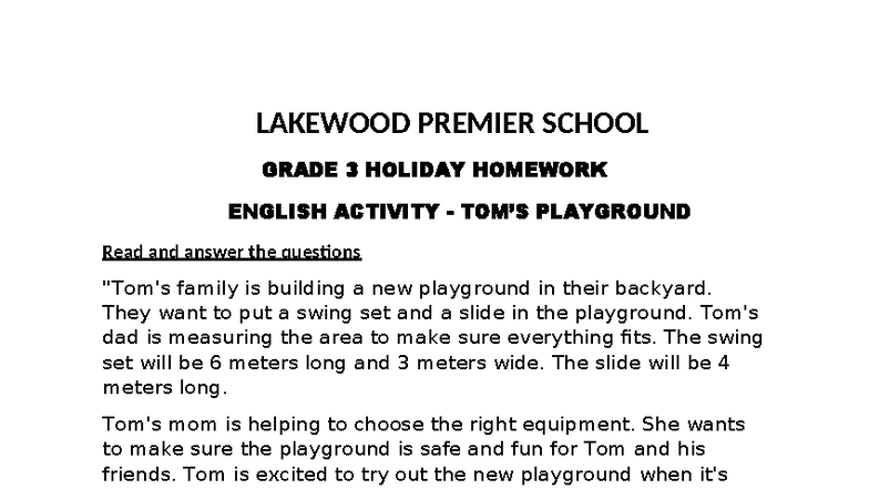 LAKEWOOD PREMIER SCHOOL GRADE 3 HOLIDAY HOMEWORK: PLAYGROUND ACTIVITY ...