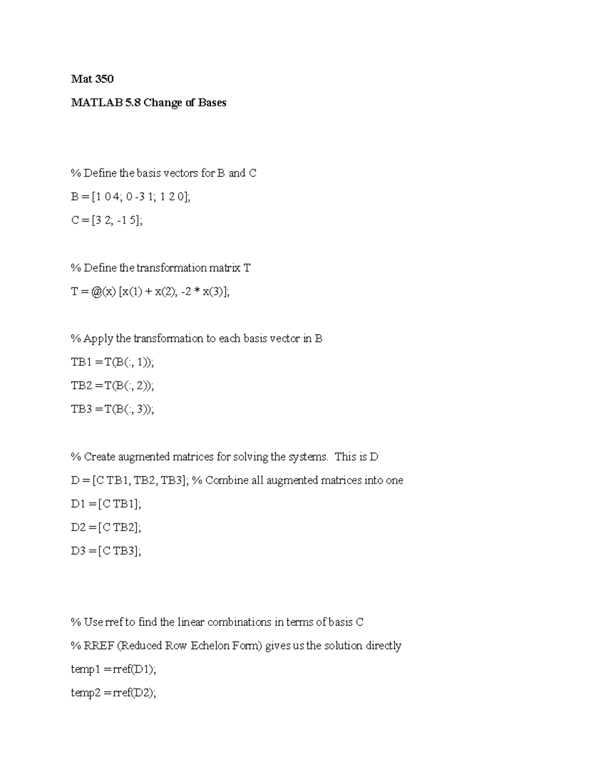MAT 350 MATLAB 5 Change of Bases & Transformation Matrices - Studocu