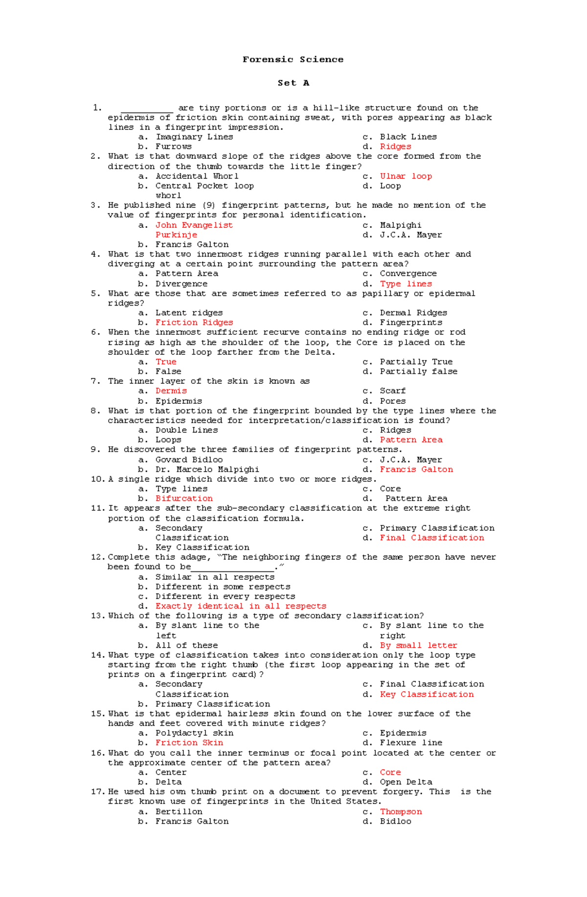 Forensic Science Set A - GGWP: Fingerprint Patterns & Classifications - Studocu