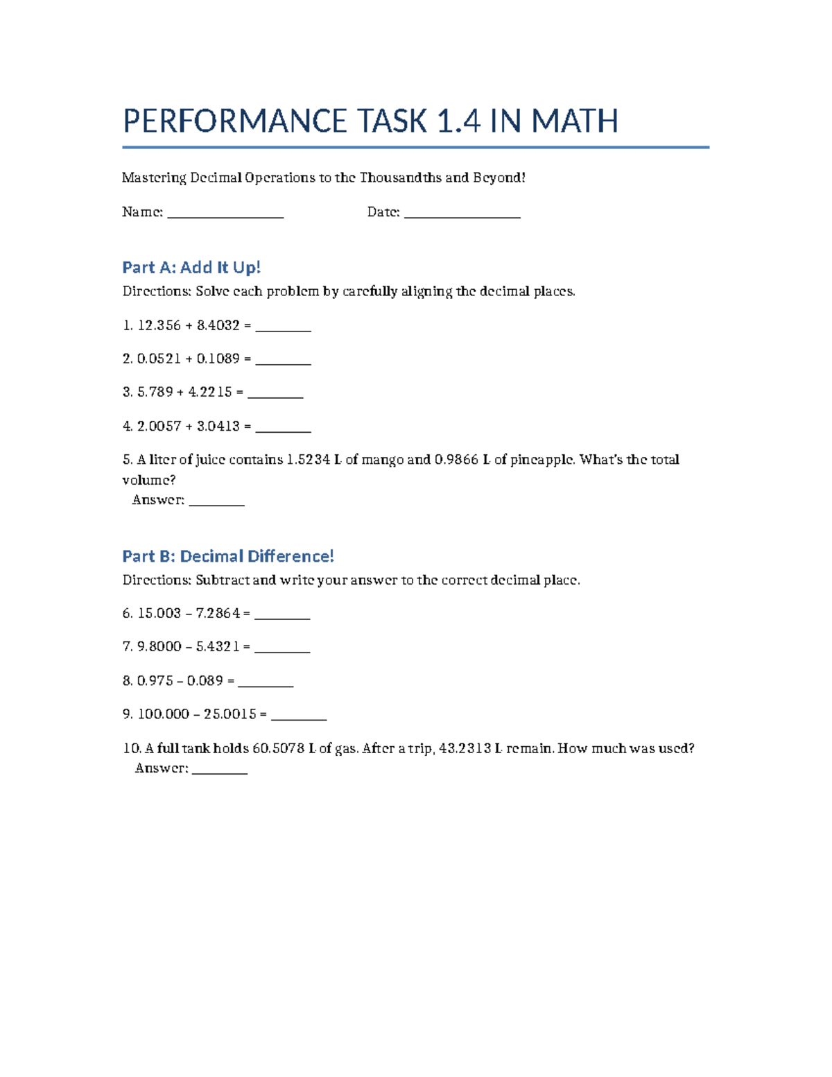 Grade 6 Math Performance Task: Mastering Decimal Ops - Studocu