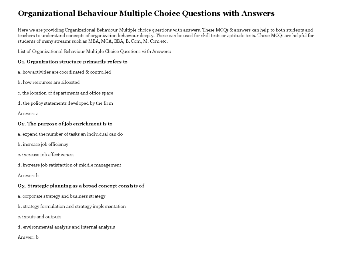 Organizational Behaviour MCQs with Answers - Revision Notes for MBA ...