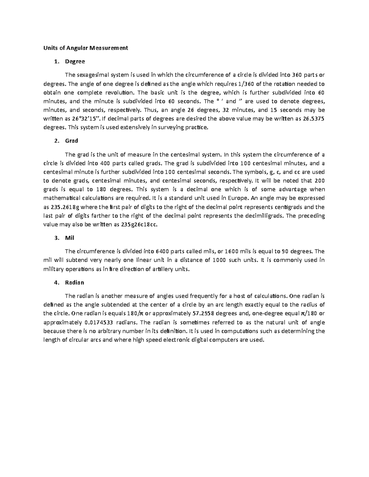 Units of Angular Measurement: Degrees, Grads, Mils, and Radians - Studocu