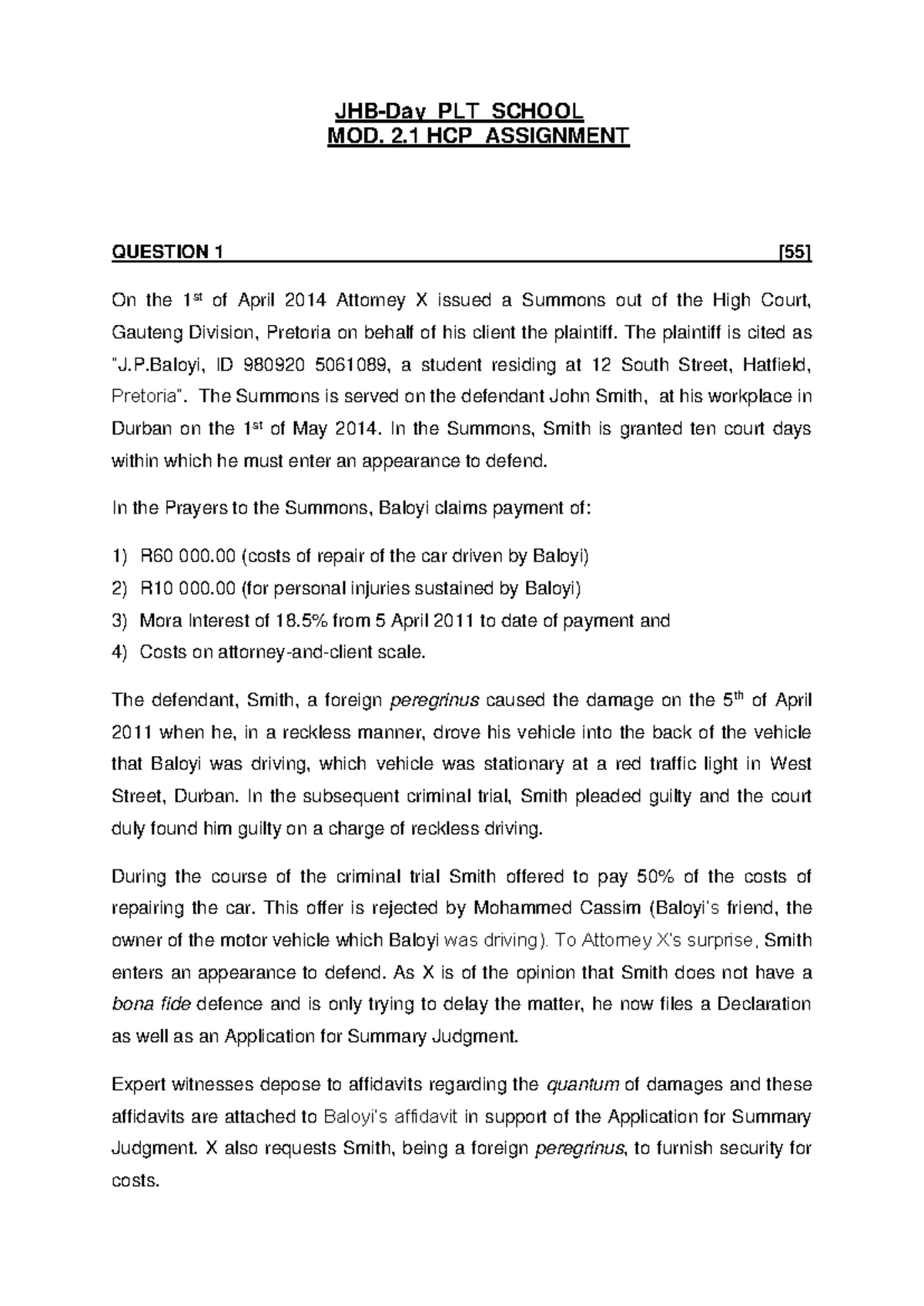 PLT SCHOOL MOD. 2.1 HCP ASSIGNMENT 1: Legal Analysis of Summons - Studocu