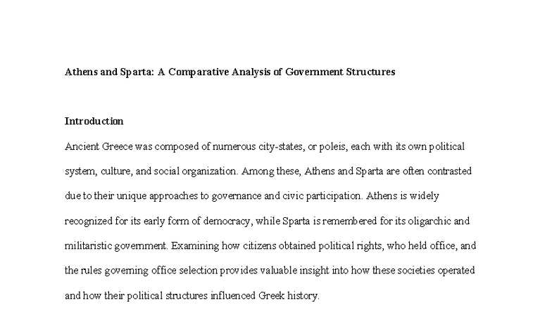 Comparative Analysis of Governance: Athens vs. Sparta (GR101) - Studocu