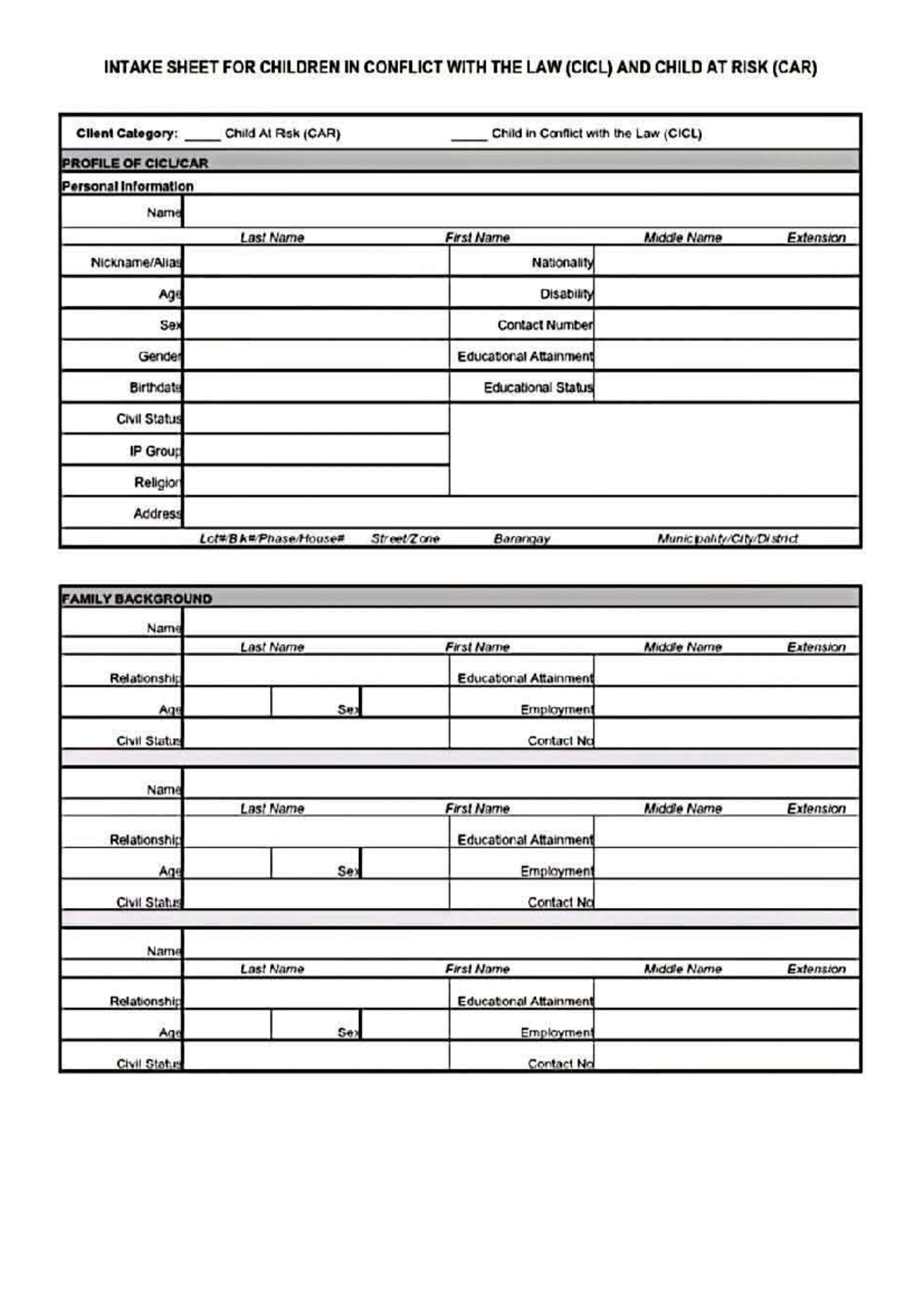 CICL & CAR Intake Sheet 2026: Client Profile & Family Background - Studocu