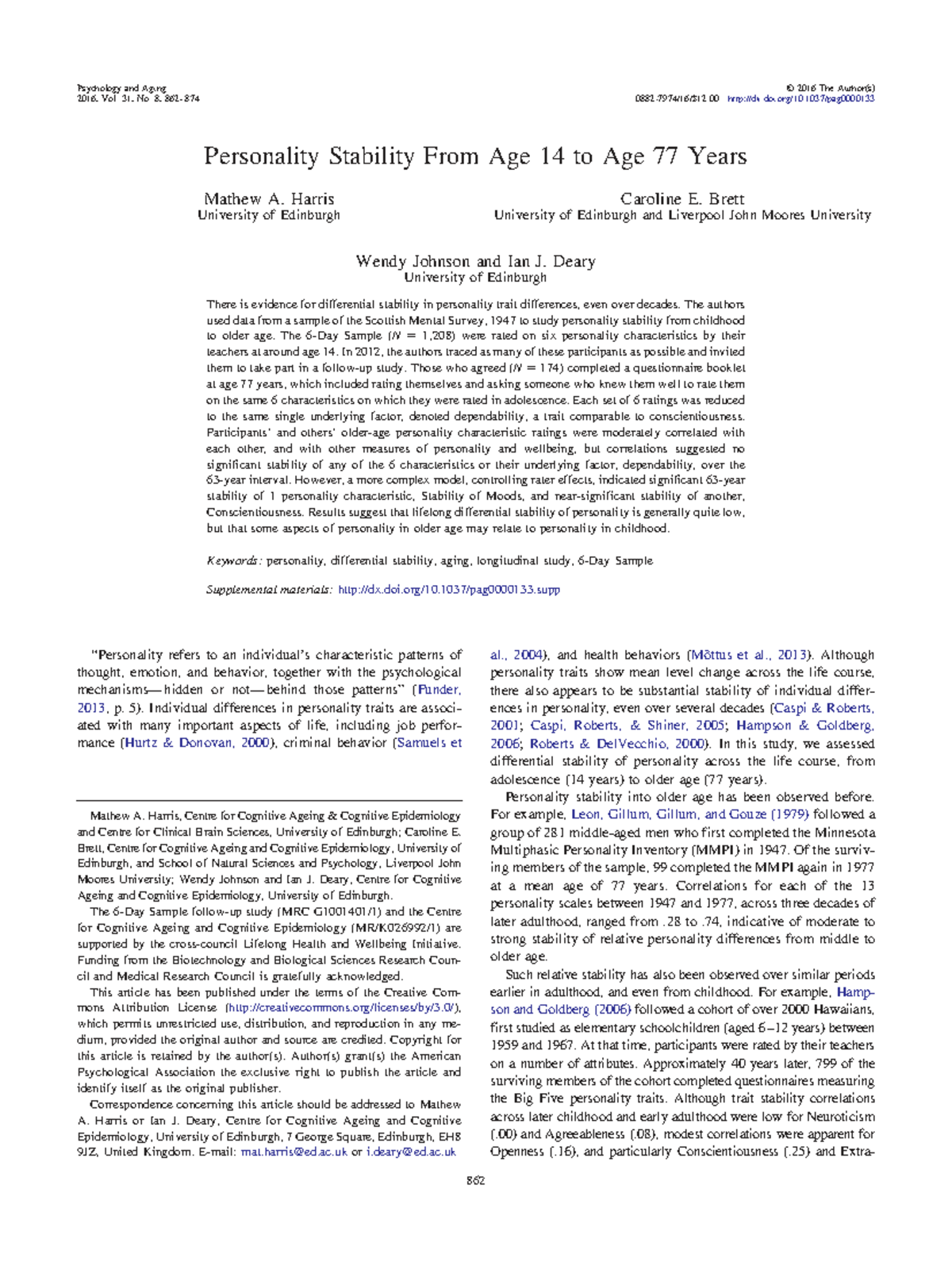 Psychology and Aging: Personality Stability from Age 14 to 77 Years ...
