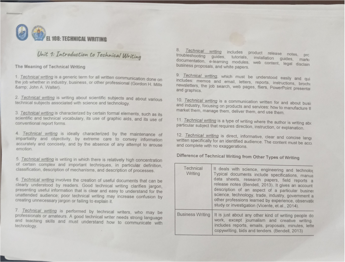 EL 108: TECHNICAL WRITING Unit 1 Overview and Key Concepts - Studocu