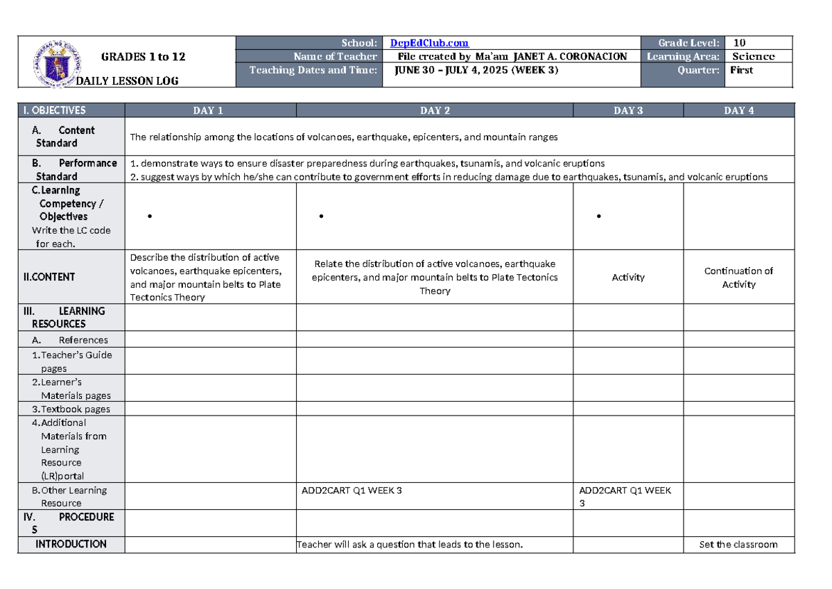 DLL Science 10 Q1 W3 V2 - Daily Lesson Log and Learning Materials - Studocu