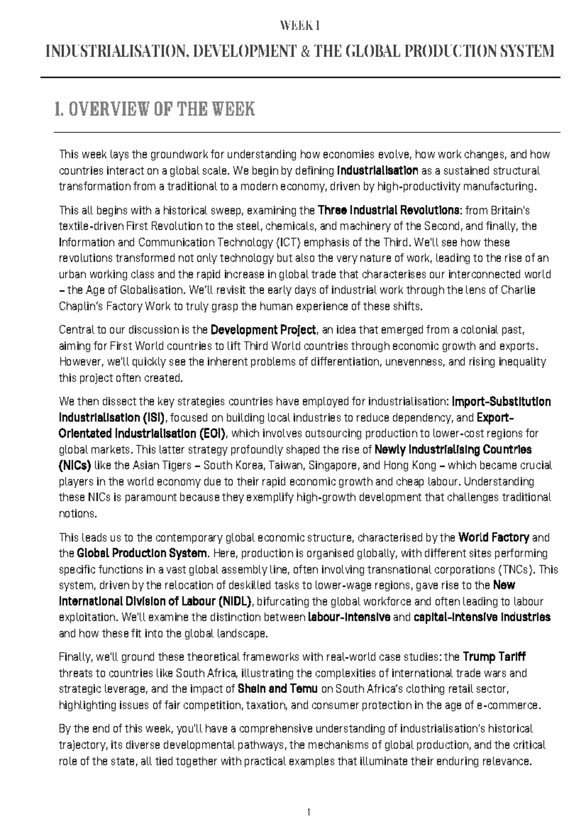 Week 1: Industrialisation, Development & the Global Production System ...