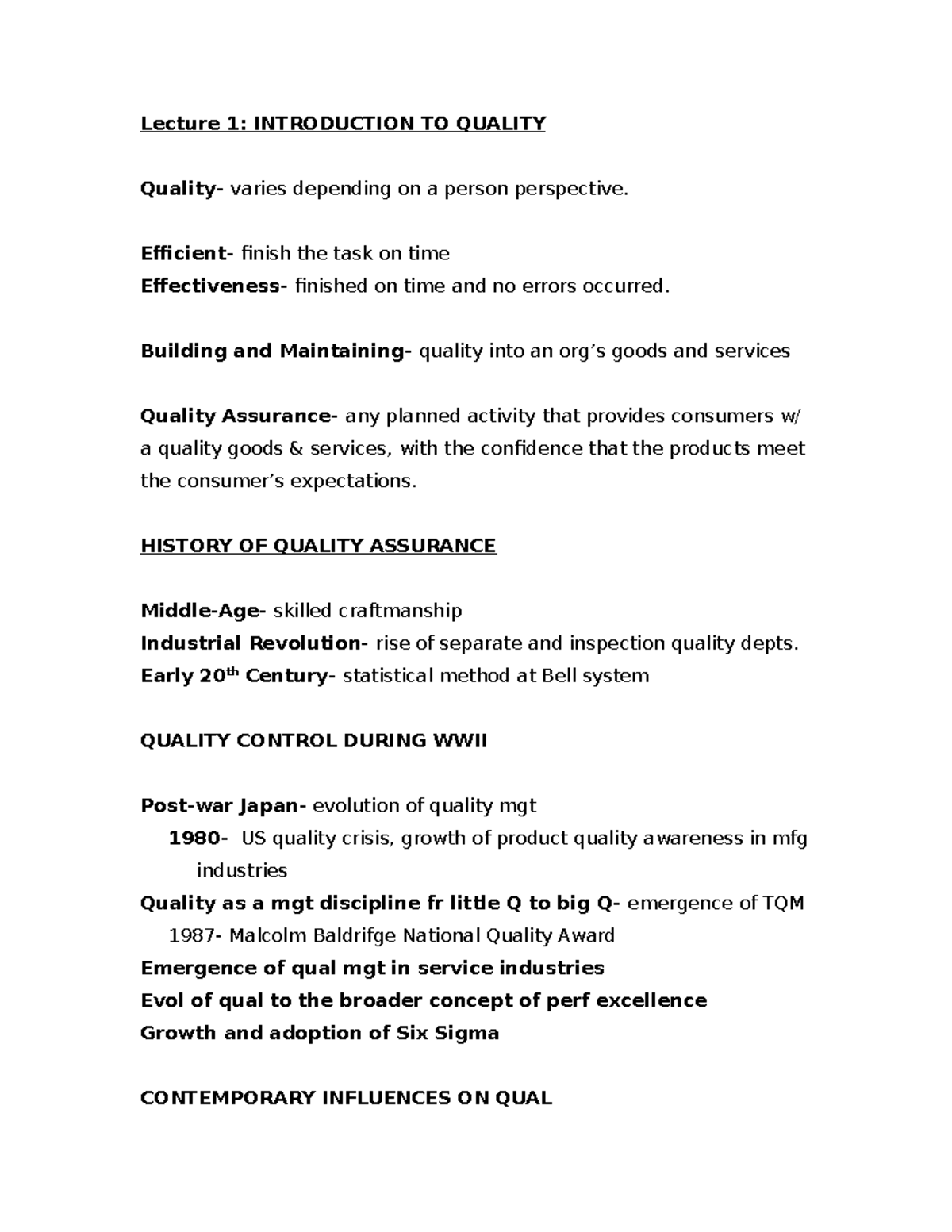 Operations Management Notes - Lecture 1: INTRODUCTION TO QUALITY ...