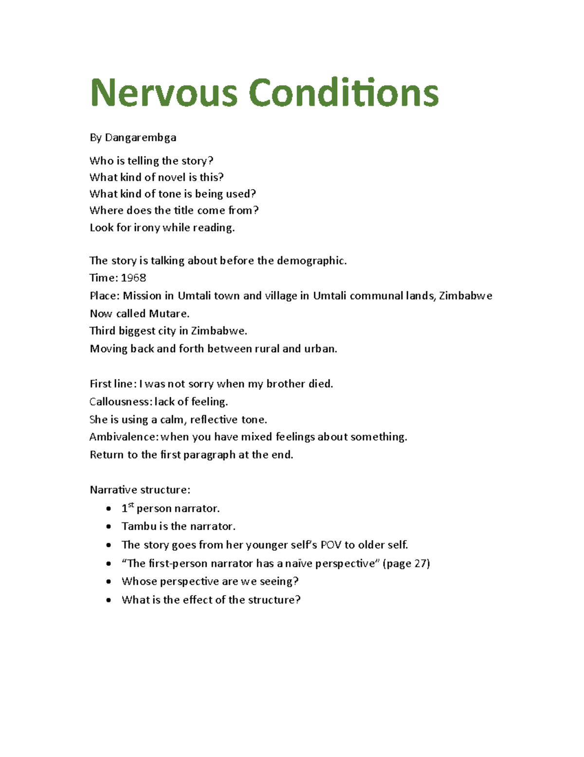 Nervous Conditions: Critical Themes and Analysis for Exam Prep - Studocu