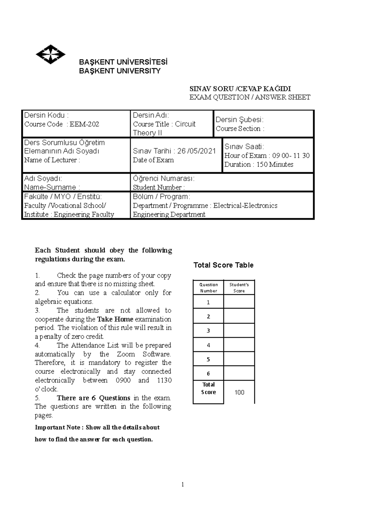 EEM 202 Final Exam Question Paper - Circuit Theory II - Studocu