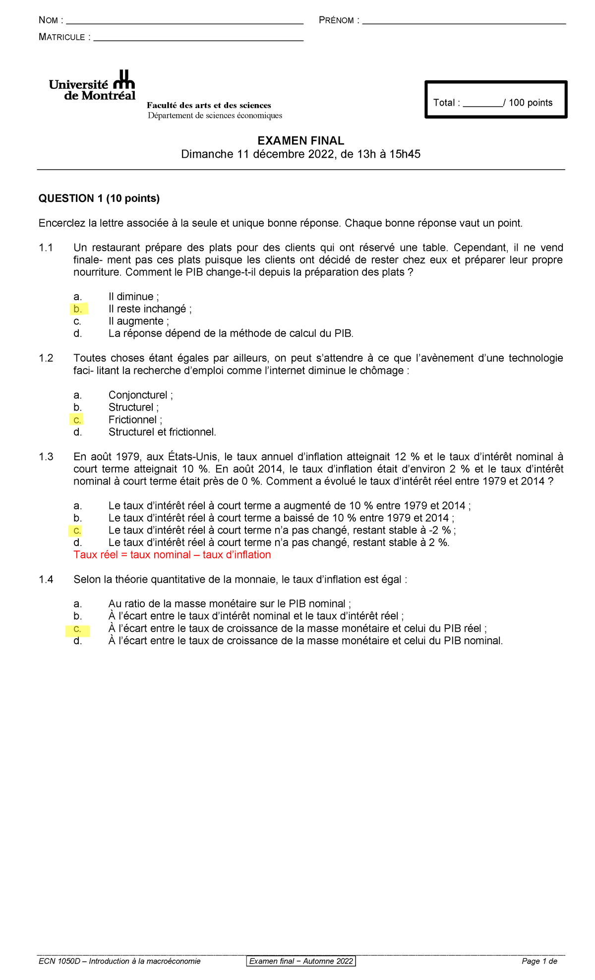 Examen Final ECN 1050D – Introduction à la macroéconomie Automne 2022 ...
