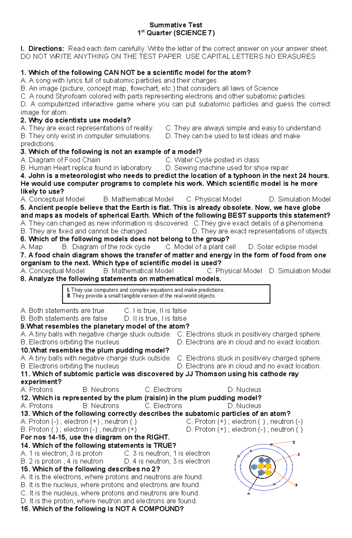 SCI 7 1st Q Summative Test: Understanding Scientific Models - Studocu