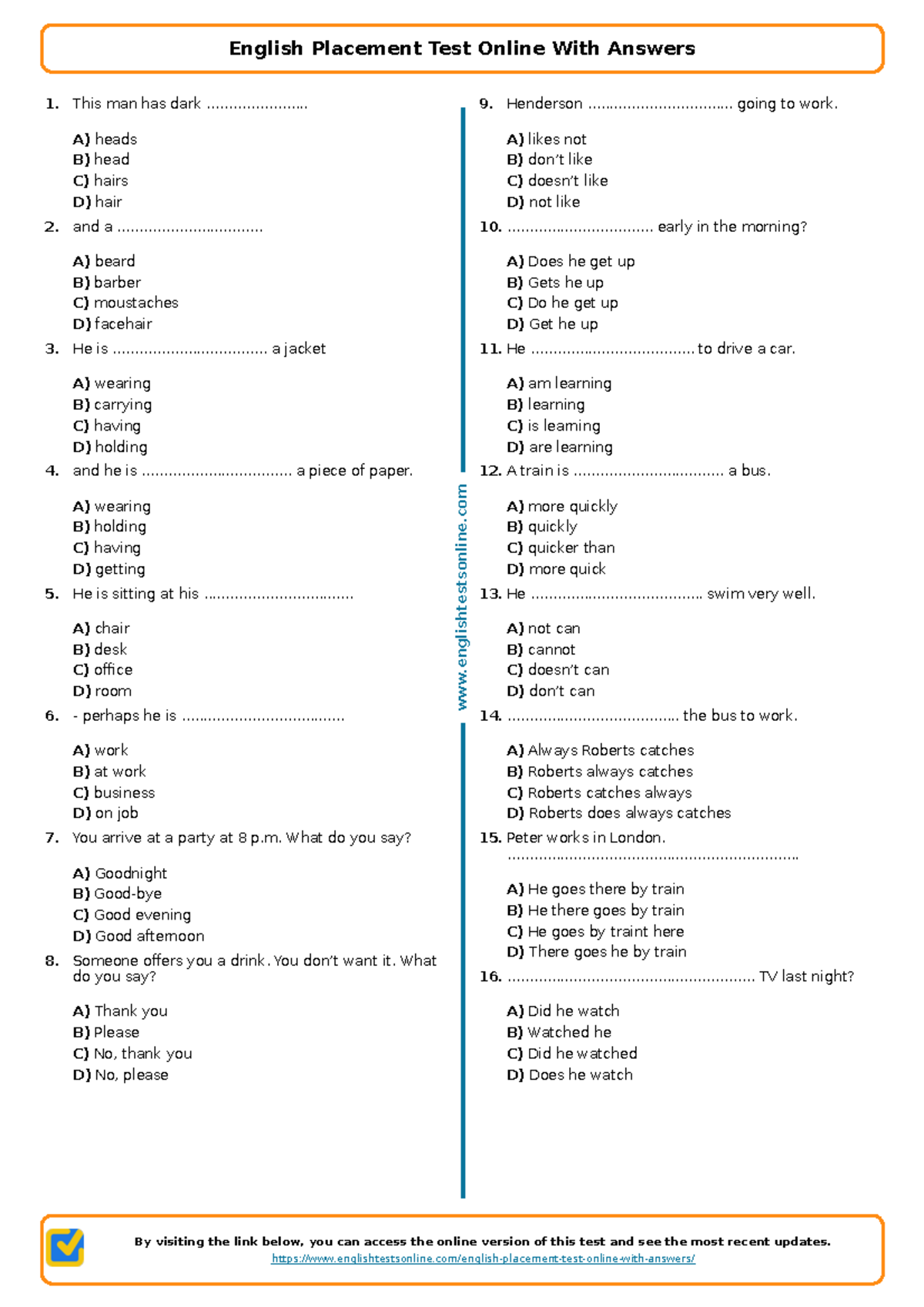 English Placement Test (ENG101) with Answers and Explanations - Studocu