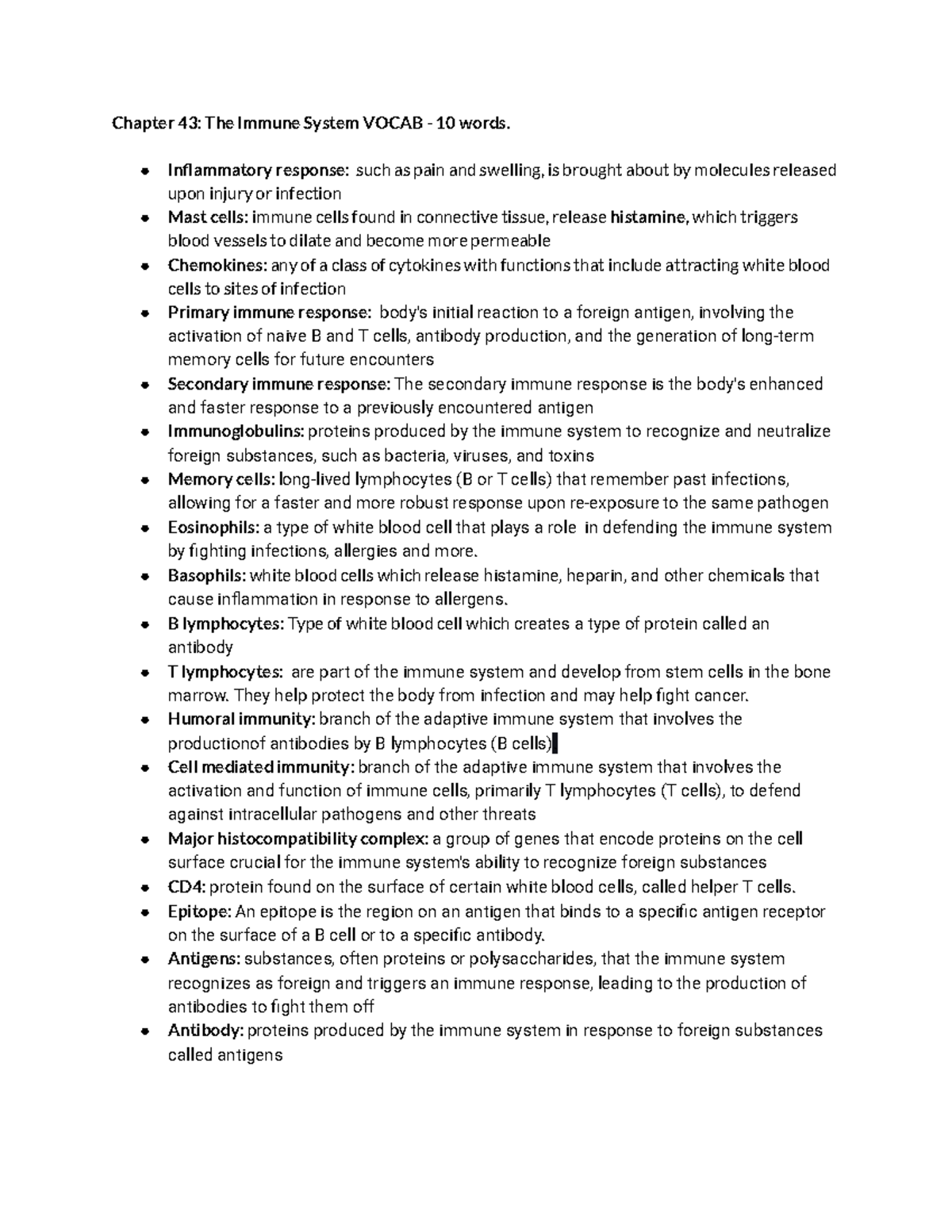 AP Biology Chapter 43 Notes and Vocab - Chapter 43: The Immune System ...