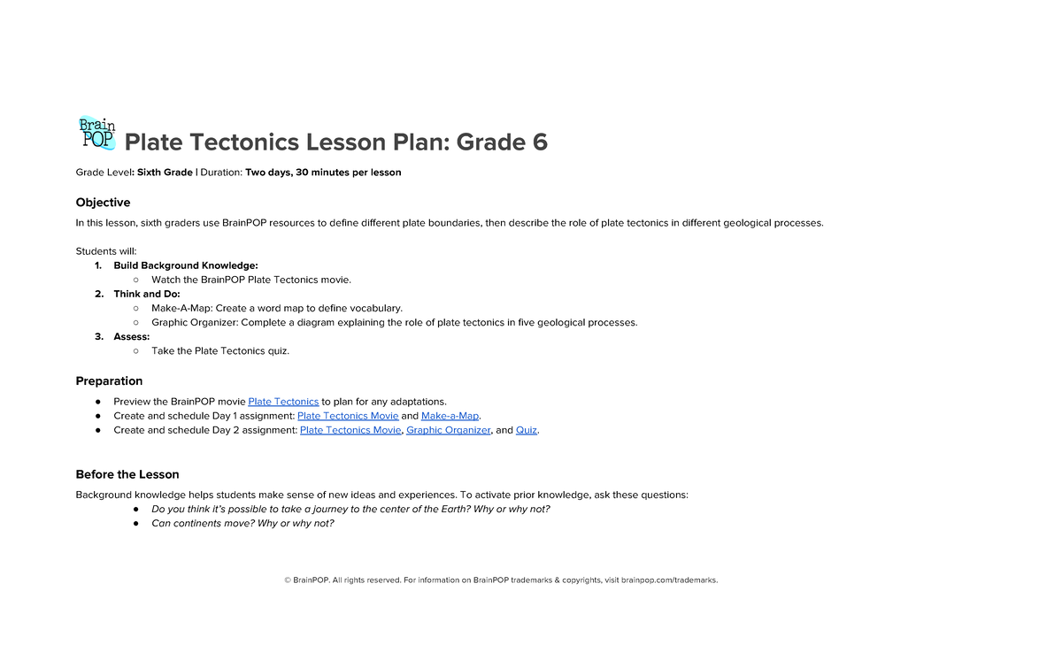 Grade 6 Lesson Plan: Understanding Plate Tectonics Concepts - Studocu