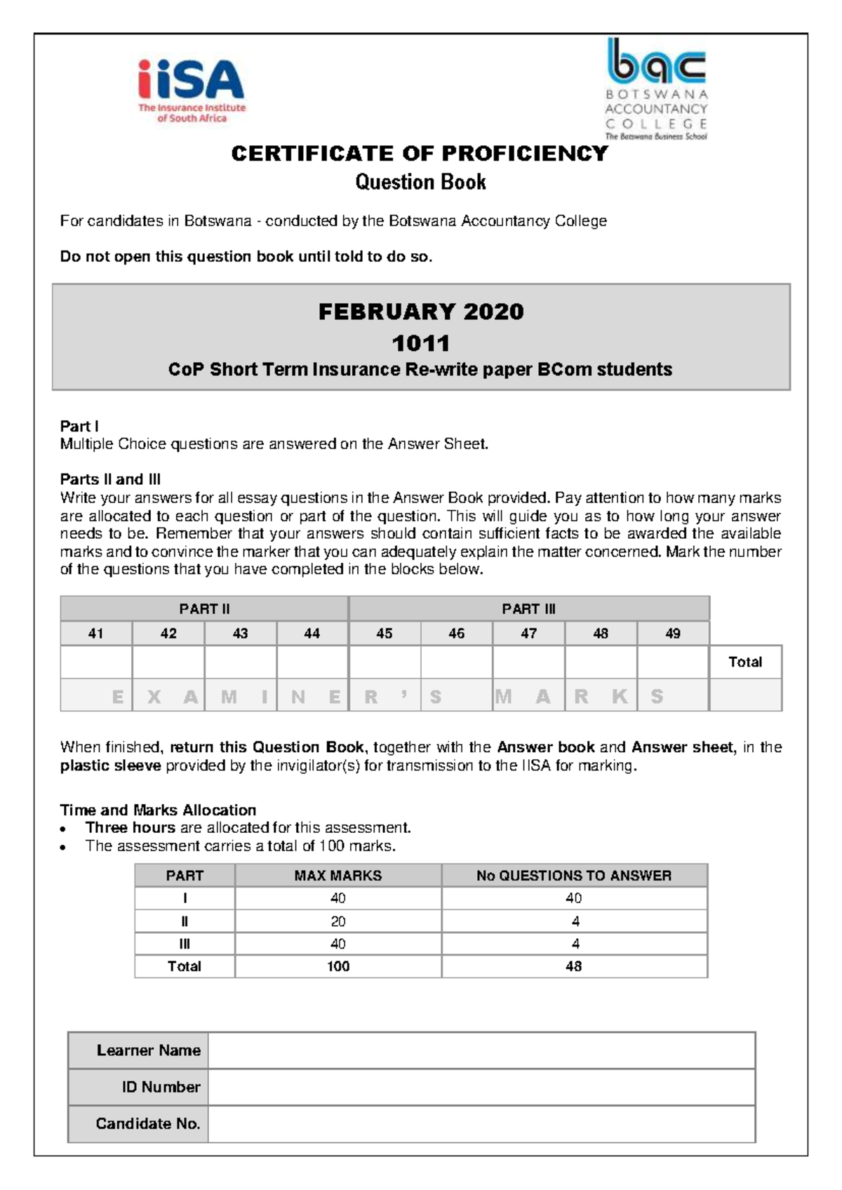 CoP 1011 Final Exam Question Paper: Short Term Insurance - Feb 2020 ...