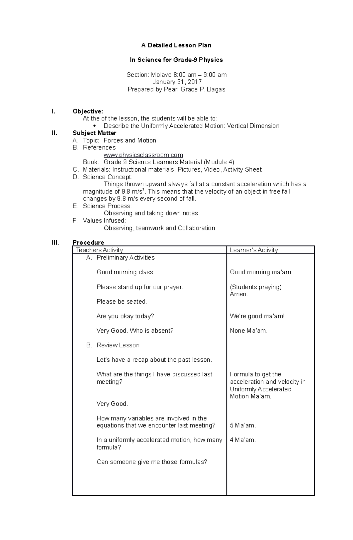 1 - Grade 9 - A Detailed Lesson Plan In Science for Grade-9 Physics ...