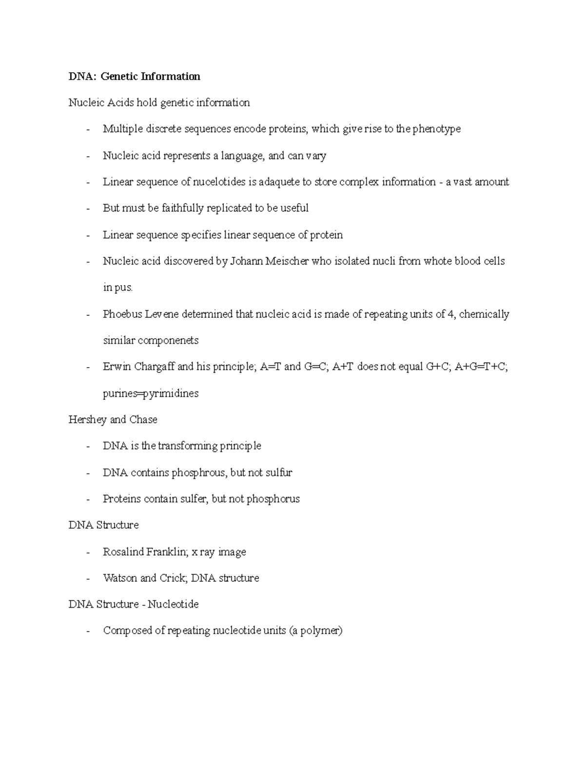 Genetics Test 1 Notes - Prof. Watkinson: DNA Structure & Function - Studocu