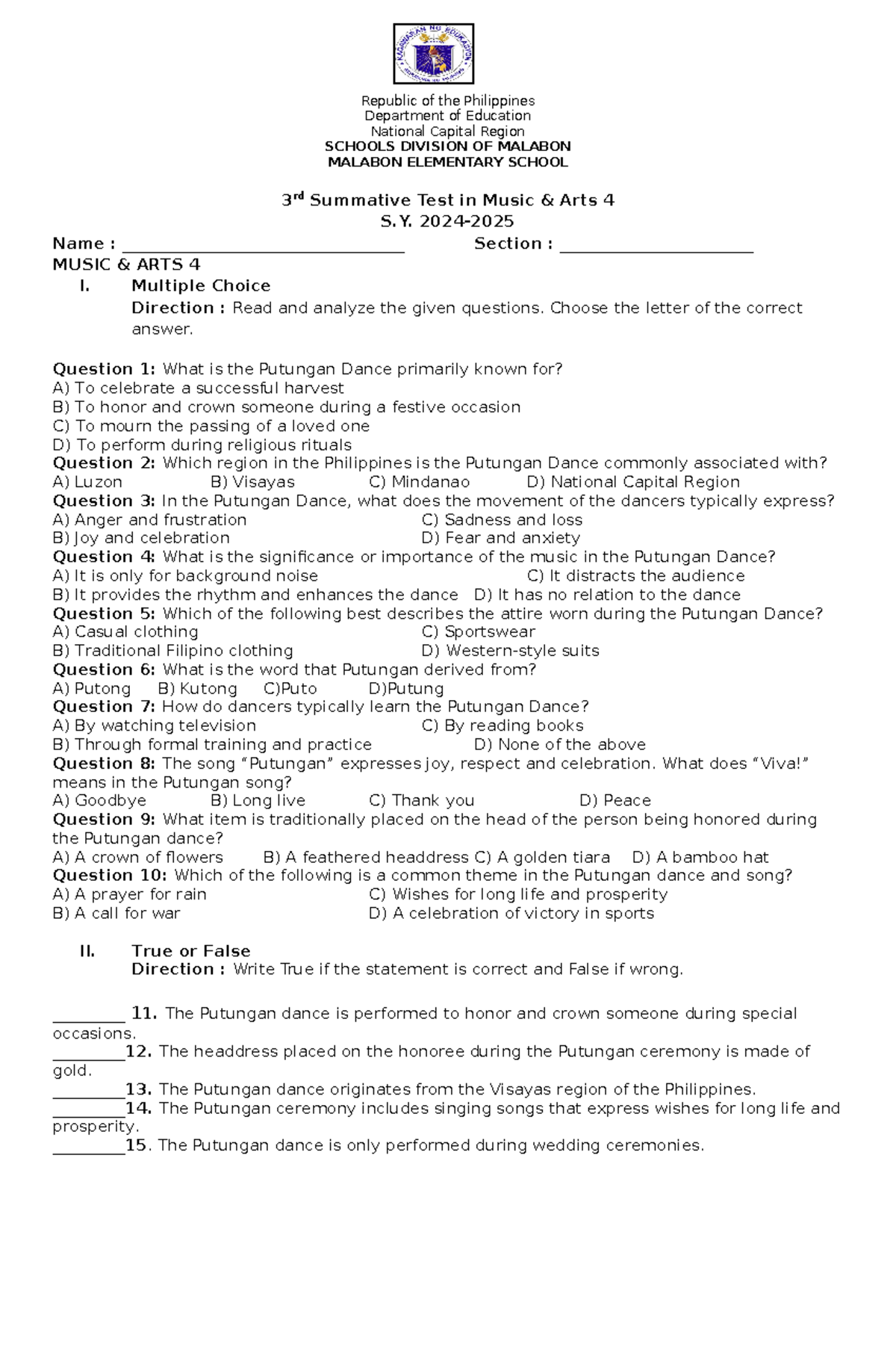 3rd Summative Test in Music & Arts 4: Exploring the Putungan Dance ...