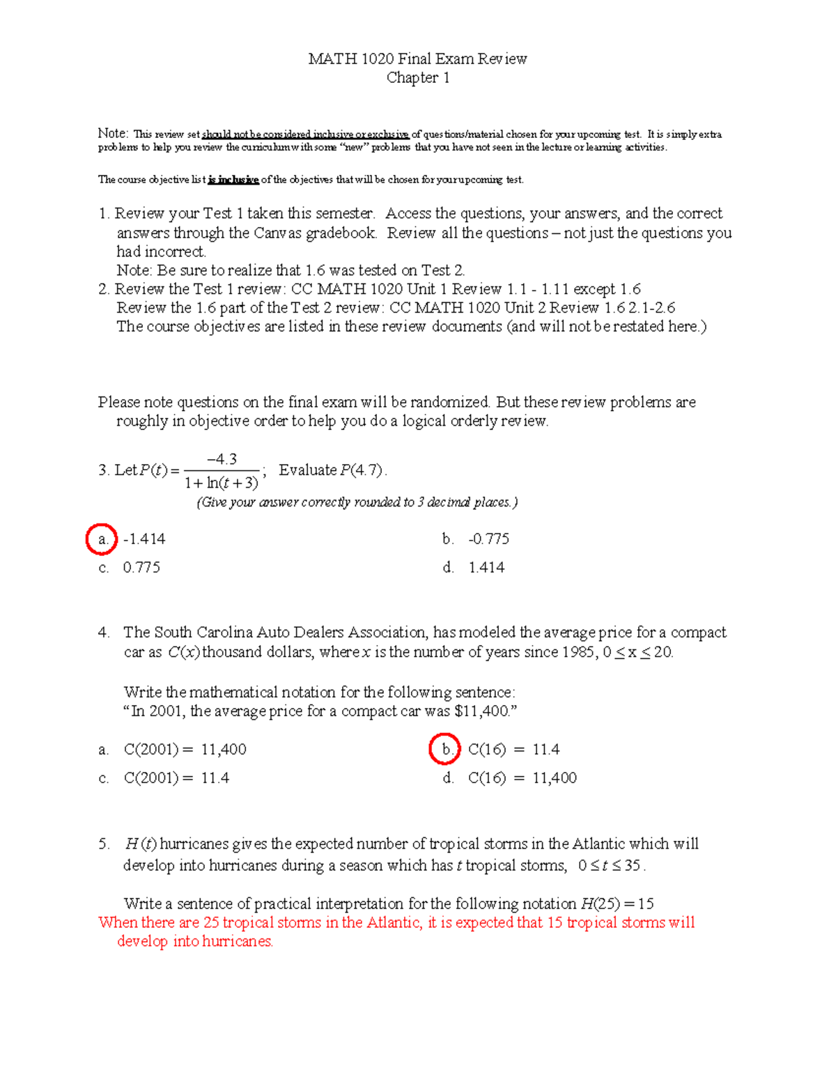 MATH 1020 FE Review - Chapter 1 KEY - MATH 1020 Final Exam Review ...