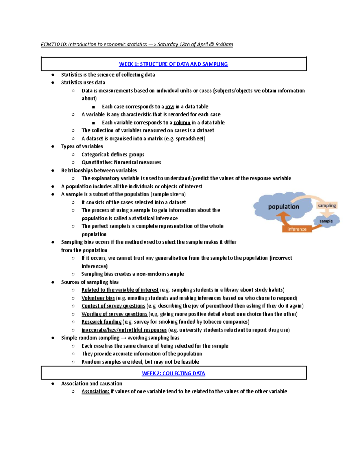 ECMT1010: In-Semester Test Notes (Weeks 1-6) on Economic Statistics ...
