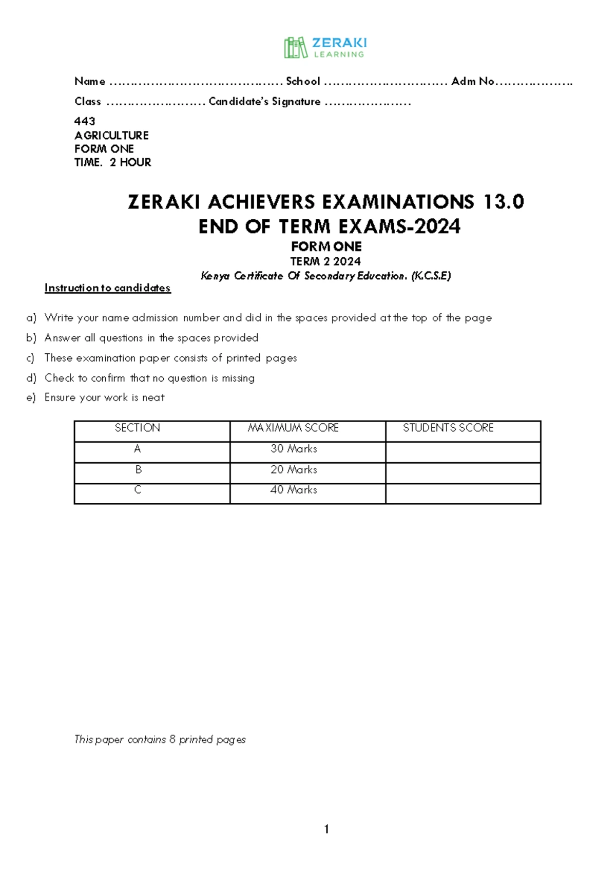English - Final Exam - Question Paper - Form 1 - End Term 2, 2024 - Studocu