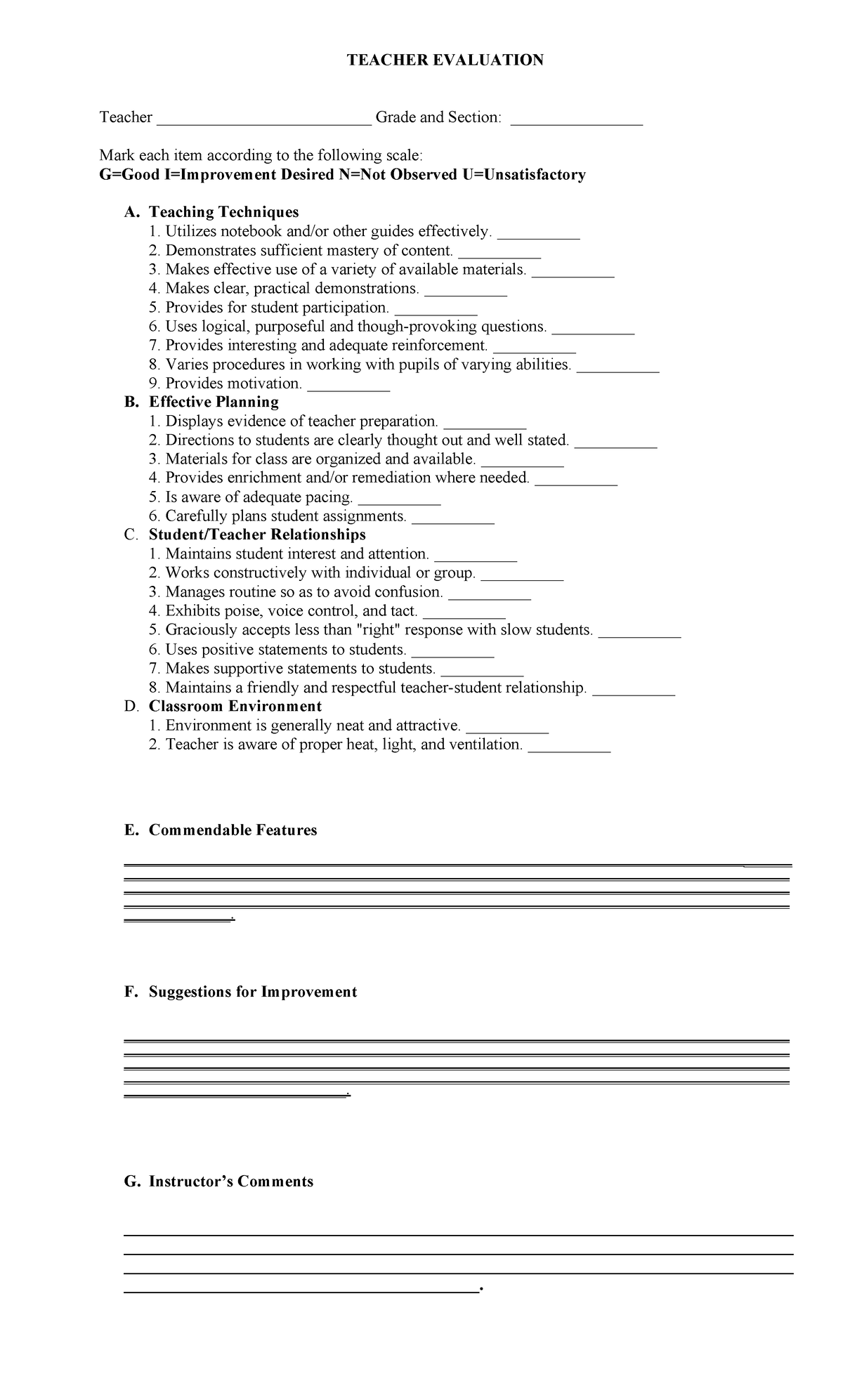 Teacher evaluation form 01 - TEACHER EVALUATION Teacher ...