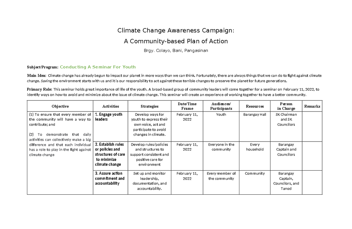 Community-based Action Plan - Climate Change Awareness Campaign: A ...