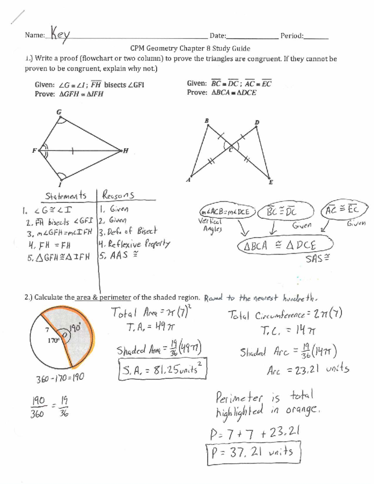CPM Geometry Ch 8 Study Guide: Triangle Congruence & Area Calculations ...