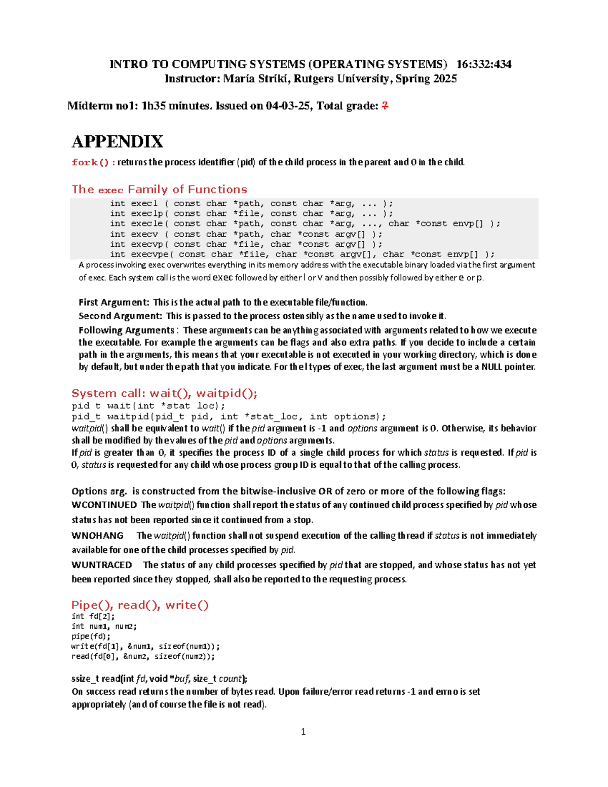 Midterm Exam Review: Operating Systems (16:332:434) - Spring 2025 - Studocu